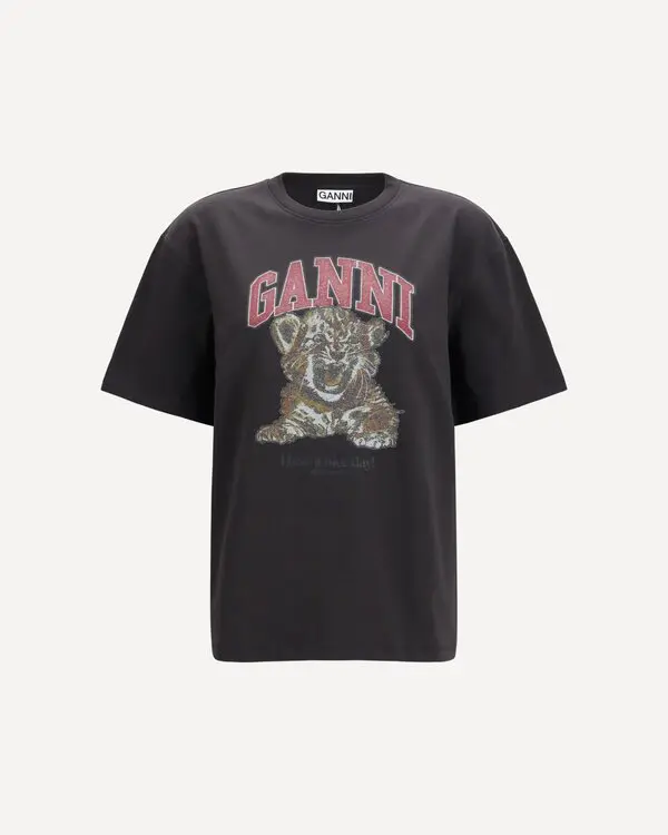 GANNI Tiger Graphic Cotton T-shirt - Black
