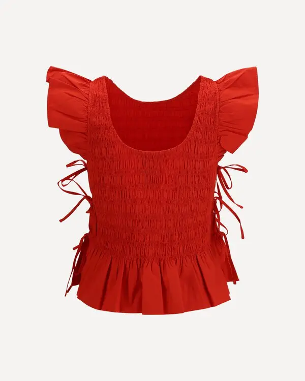 GANNI Ruched Cotton Top With Side Bows - Red