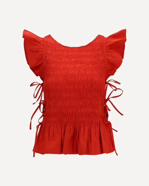 GANNI Ruched Cotton Top With Side Bows - Red