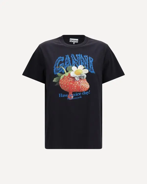 GANNI Strawberry Graphic Cotton T-shirt - Black