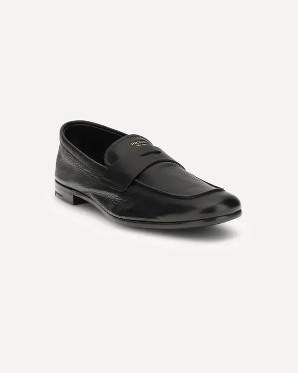 Prada Leather Loafers With Embossed Logo - Black