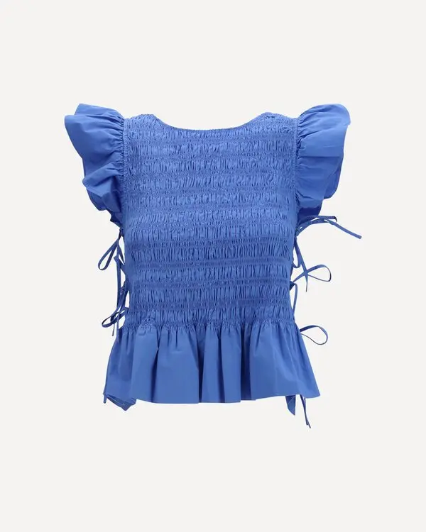 GANNI Ruched Cotton Top With Side Bows - Light Blue