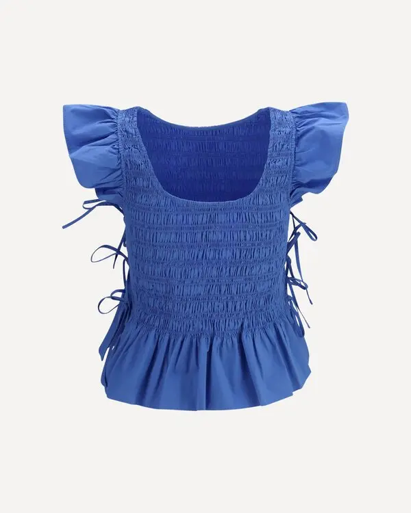 GANNI Ruched Cotton Top With Side Bows - Light Blue