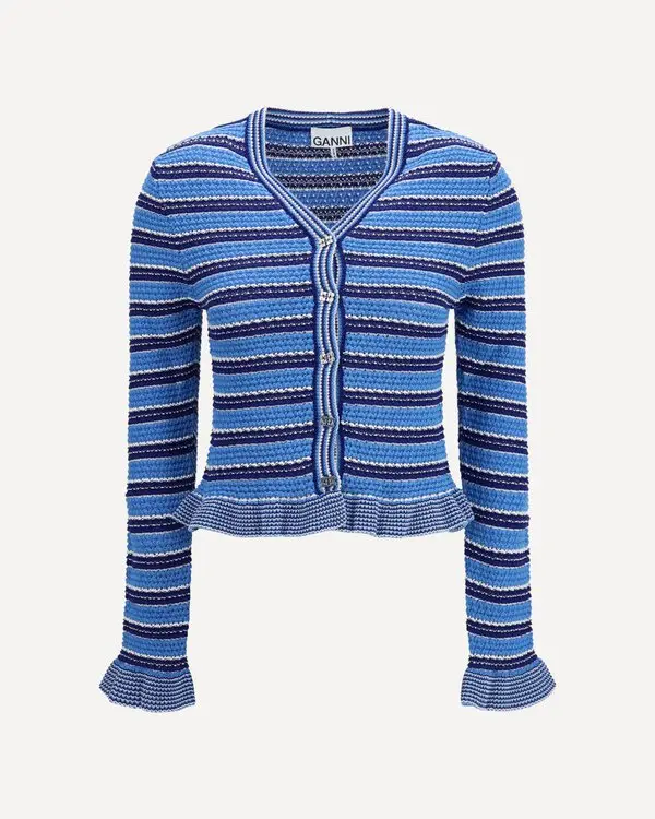 GANNI Striped Crochet Cardigan - Light Blue