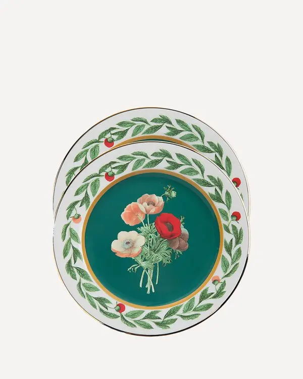La DoubleJ Set Of 2 Porcelain Dessert Plates With Floral Motif And Gold Detail - Green