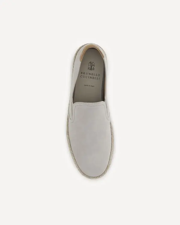 Brunello Cucinelli Suede Slip-on Sneakers With Raffia Sole - Grey