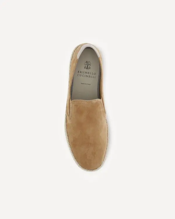 Brunello Cucinelli Suede Slip-on Sneakers With Raffia Sole - Beige