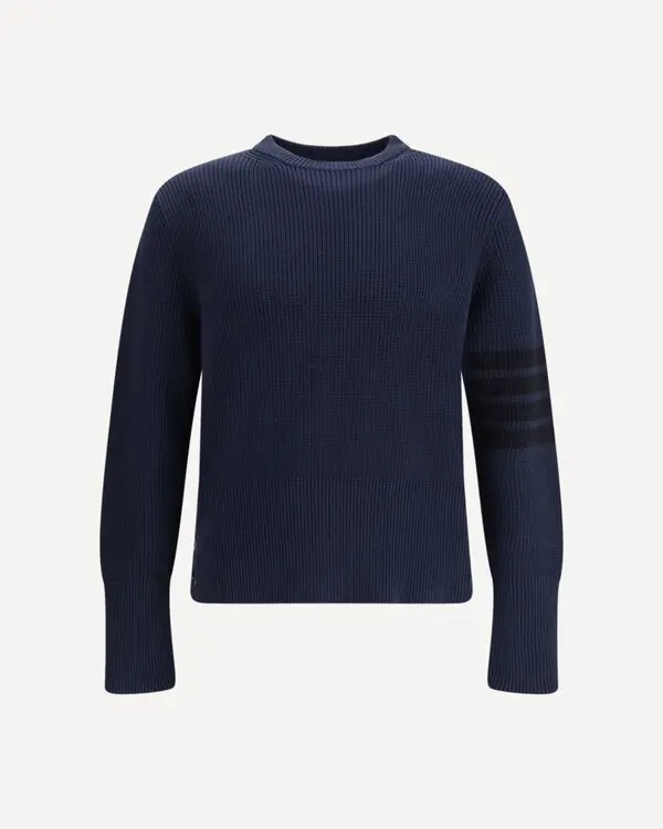 Thom Browne Cotton Crewneck Sweater With Four-bar Detail - Blue