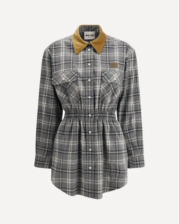 Miu Miu Plaid Flannel Mini Dress With Velvet Collar - Grey
