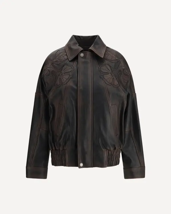 GOLDEN GOOSE Nappa Leather Bomber Jacket With Floral Embroidery - Brown