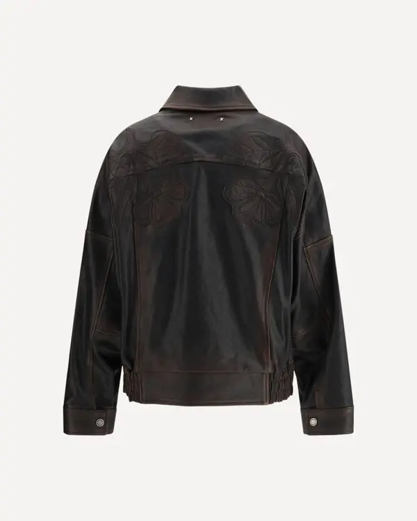 GOLDEN GOOSE Nappa Leather Bomber Jacket With Floral Embroidery - Brown