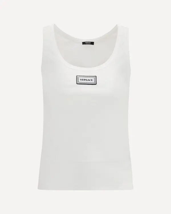 Versace Ribbed Stretch Cotton Tank Top With Vintage Logo Patch