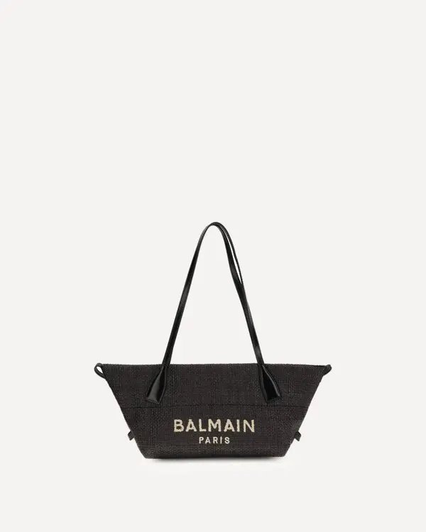Balmain Calfskin And Raffia Track Shoulder Bag