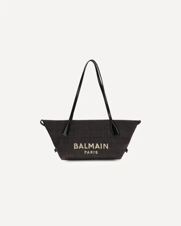 Balmain Calfskin And Raffia Track Shoulder Bag