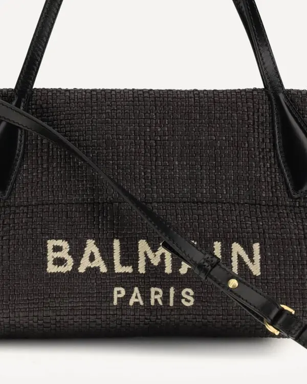 Balmain Calfskin And Raffia Track Shoulder Bag