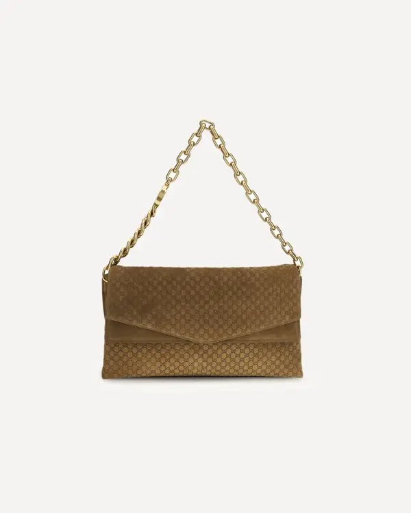 Gucci Large Suede Shoulder Bag With Embossed Gg Design And Metal Chain Strap - Brown