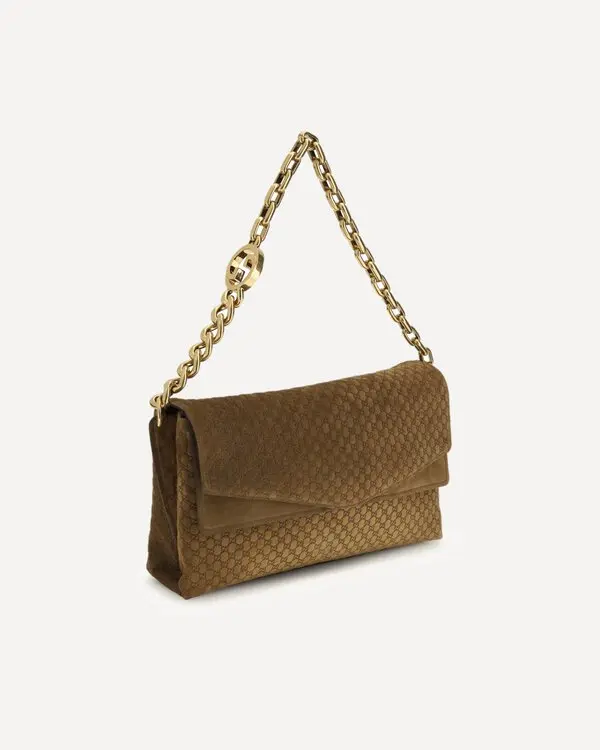 Gucci Large Suede Shoulder Bag With Embossed Gg Design And Metal Chain Strap - Brown