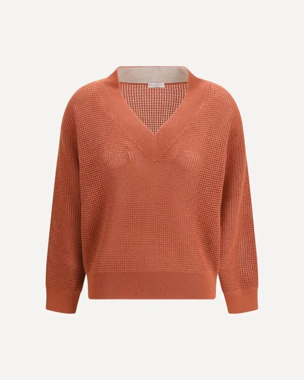Brunello Cucinelli Cashmere Net V-neck Sweater - Red