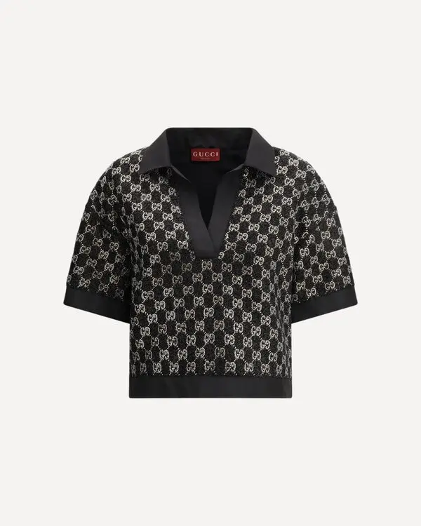 Gucci Wool Lamé Tweed Top With Gg Crystal Embellishments - Black
