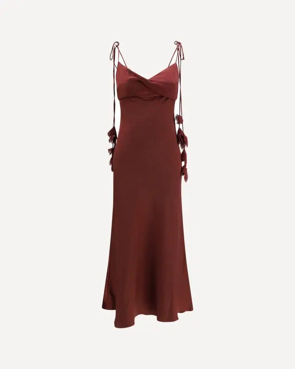 SELF-PORTRAIT Satin Flower Embellished Spaghetti Strap Midi Dress - Bordeaux