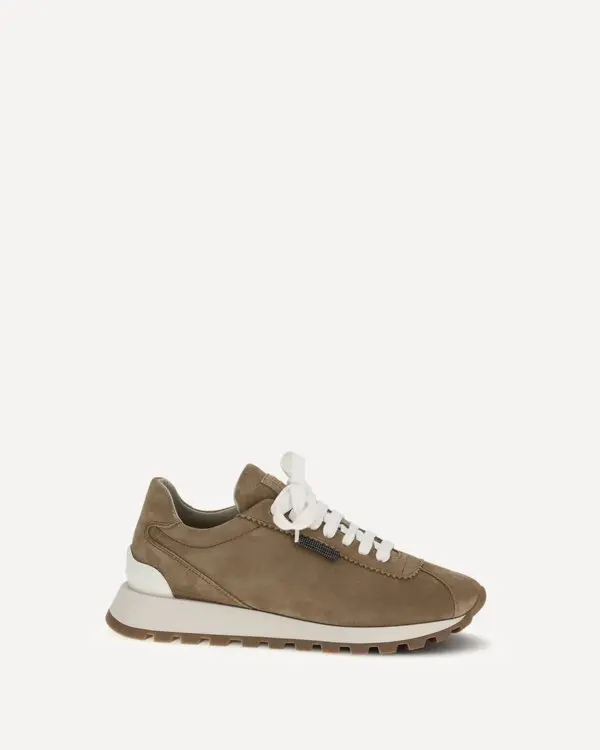 Brunello Cucinelli Suede Lace-up Sneakers With Embellishment - Beige