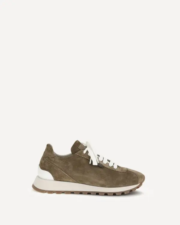 Brunello Cucinelli Suede Lace-up Sneakers With Embellished Detail - Brown
