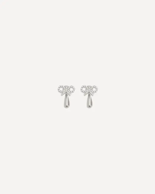 SELF-PORTRAIT Crystal Bow Pearl Drop Earrings - Silver
