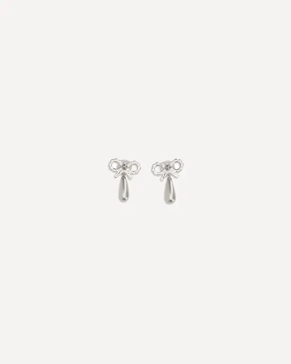 SELF-PORTRAIT Crystal Bow Pearl Drop Earrings - Silver