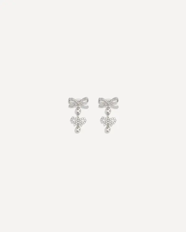 SELF-PORTRAIT Double Bow Pearl Drop Earrings - Silver