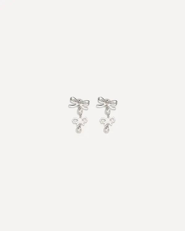 SELF-PORTRAIT Double Bow Pearl Drop Earrings - Silver