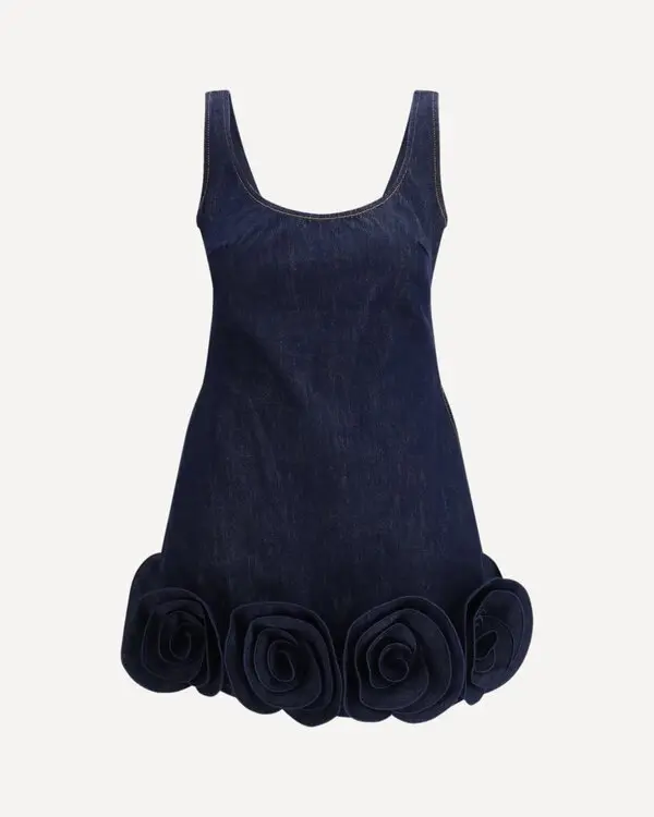 SELF-PORTRAIT Denim Mini Dress With 3d Floral Embellishment - Blue