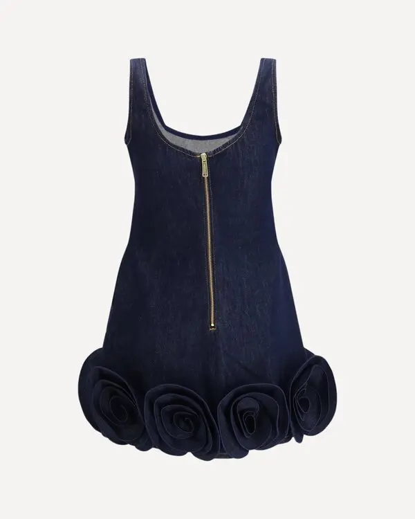 SELF-PORTRAIT Denim Mini Dress With 3d Floral Embellishment - Blue