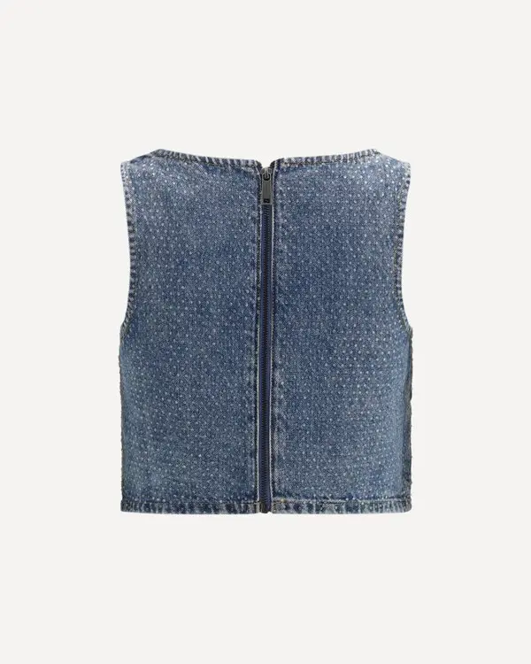 SELF-PORTRAIT Rhinestone Embellished Denim Crop Top - Blue