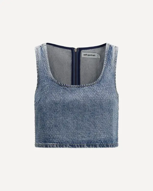 SELF-PORTRAIT Rhinestone Embellished Denim Crop Top - Blue