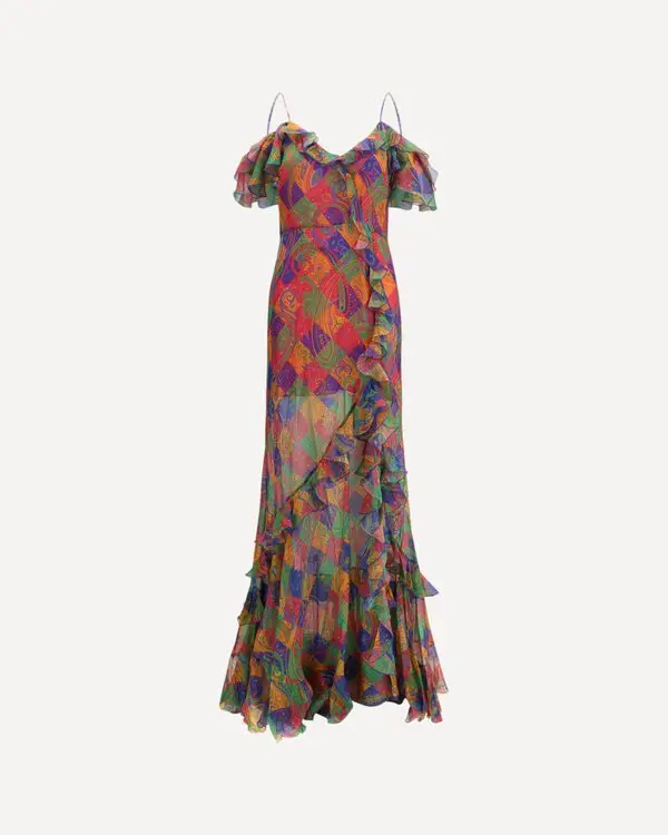 Etro Long Silk Chiffon Dress With Paisley Print And Ruffled Accents - Multicolour