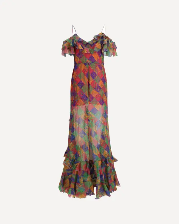 Etro Long Silk Chiffon Dress With Paisley Print And Ruffled Accents - Multicolour