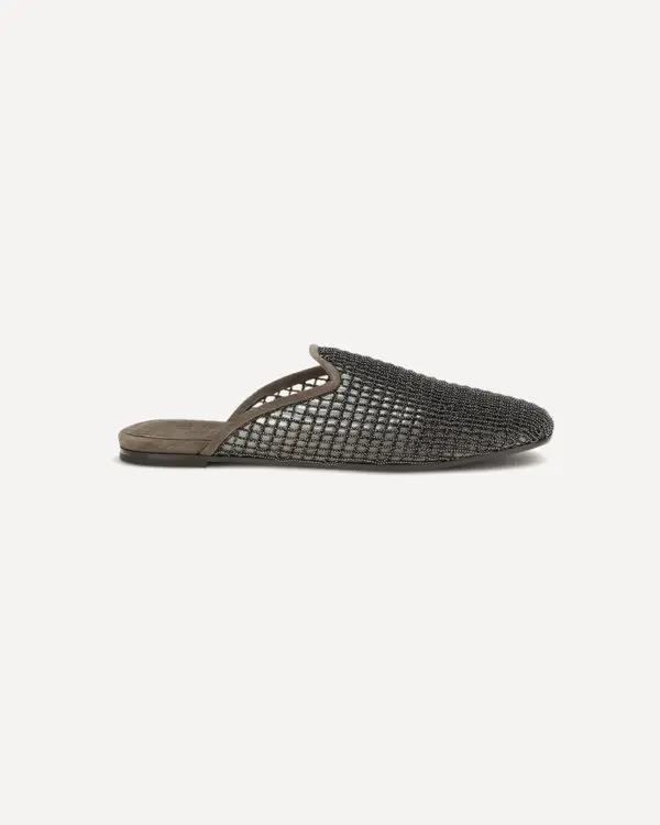 Brunello Cucinelli Suede Mules With Precious Net Embroidery