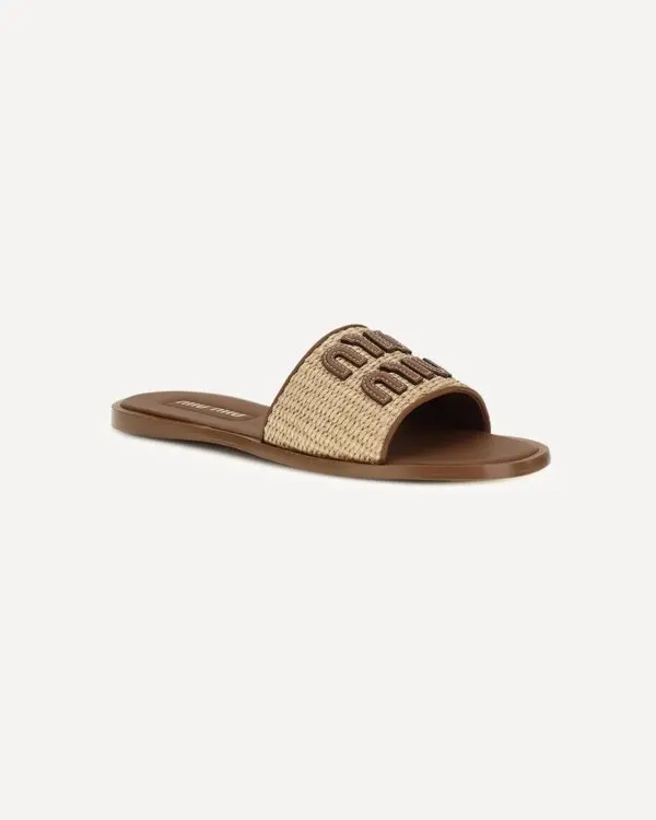 Miu Miu Raffia Slip-on Sandals With Logo Detail