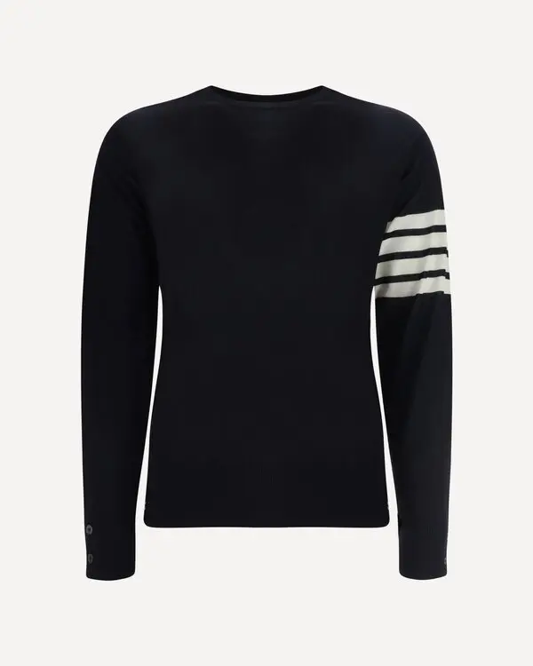 Thom Browne Virgin Wool Crew Neck Sweater With Signature Stripes - Blue