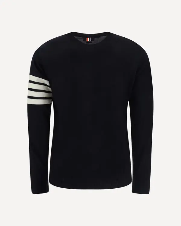 Thom Browne Virgin Wool Crew Neck Sweater With Signature Stripes - Blue