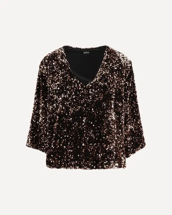 ELLA Sequined V-neck Blouse With 3/4 Sleeves - Brown