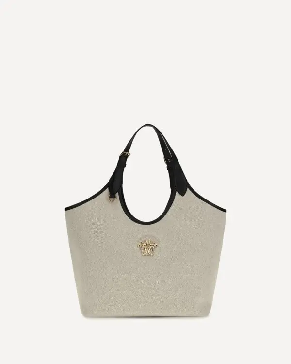 Versace La Medusa Tote Bag In Calf Leather And Fabric - Beige