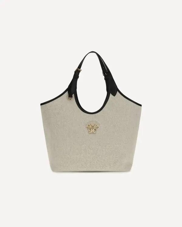 Versace La Medusa Tote Bag In Calf Leather And Fabric - Beige