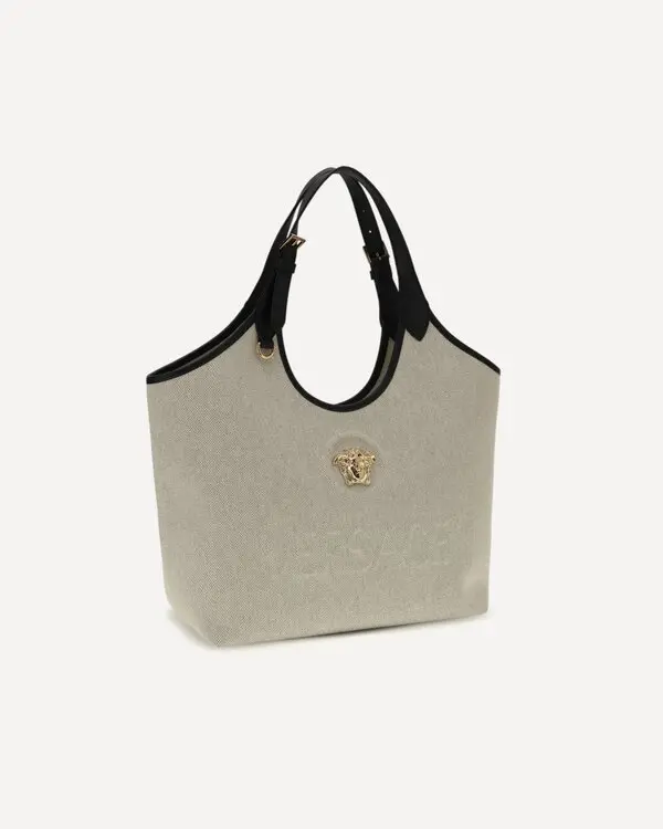 Versace La Medusa Tote Bag In Calf Leather And Fabric - Beige