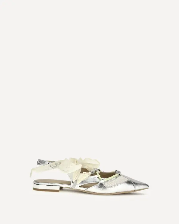 Pinko Metallic Leather Gianira Ballerinas With Ribbon Ankle Wrap