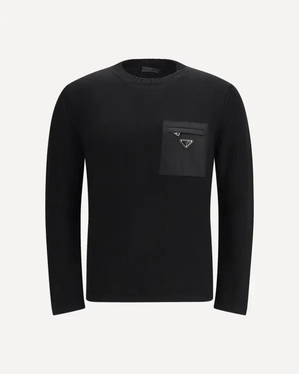 Prada Virgin Wool Crew Neck Sweater With Chest Pocket - Black