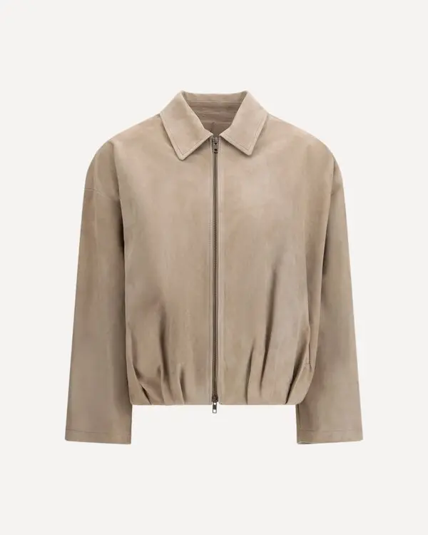 SALVATORE SANTORO Suede Zip-up Jacket With Classic Collar And Pleated Hem - Beige
