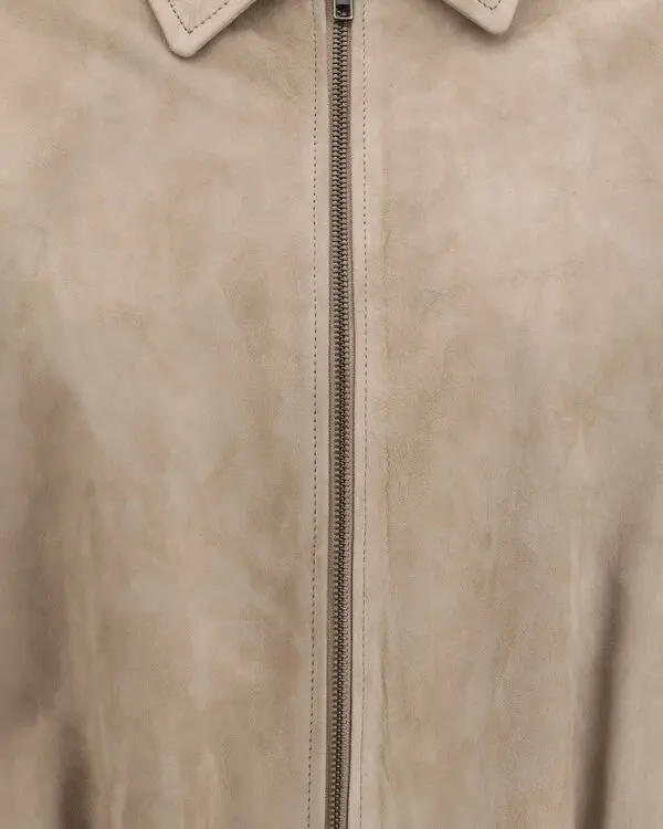 SALVATORE SANTORO Suede Zip-up Jacket With Classic Collar And Pleated Hem - Beige