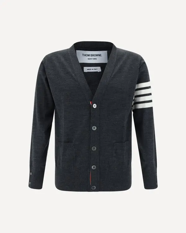 Thom Browne V-neck Virgin Wool Cardigan With Signature Stripes - Grey