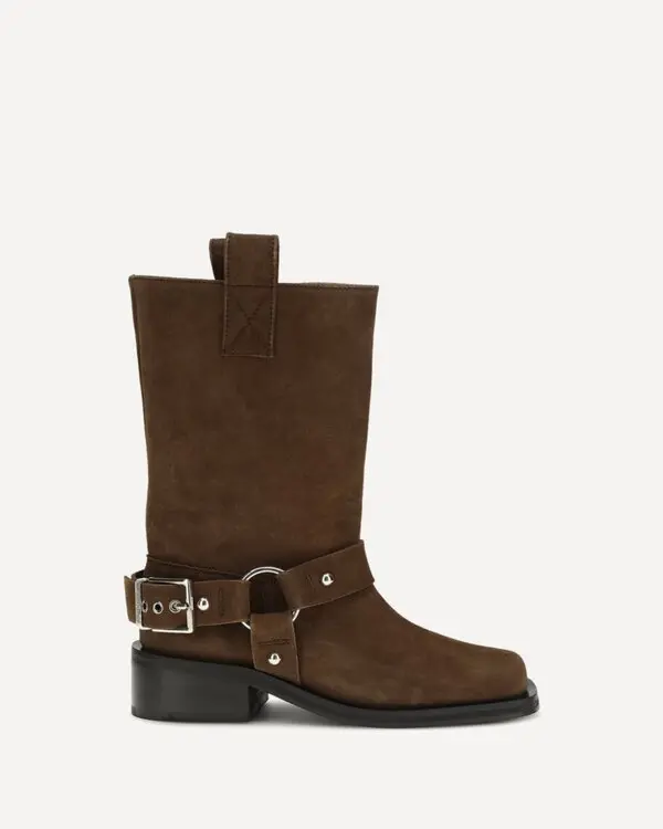 GANNI Suede Biker Boots - Brown